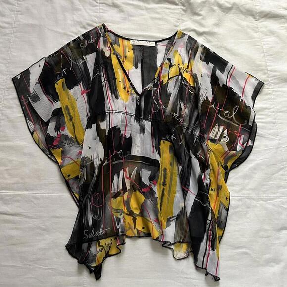 Tops | Vintage Sheer Black Yellow Abstract Print Blouse Grunge Artsy ...